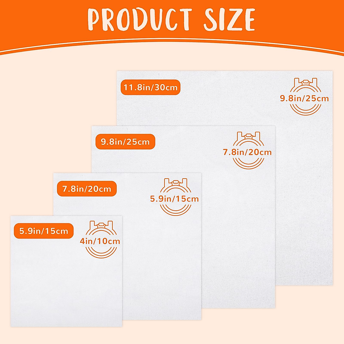 16 PCS Embroidery Fabric, Pre-Cut White Natural Cotton Embroidery Cloth Fabric, 4 Different Sizes 5.9 to 11.8inch, Embroidery Cloth Squares for Embroidery Garment Craft