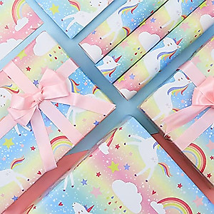 Birthday Wrapping Paper For Kids Girls Boys, Unicorn Design Gift Wrapping Paper for Birthday Baby Shower with 78.7 inches Ribbon, 4 Sheets Folded Flat 20x28 inches per sheet