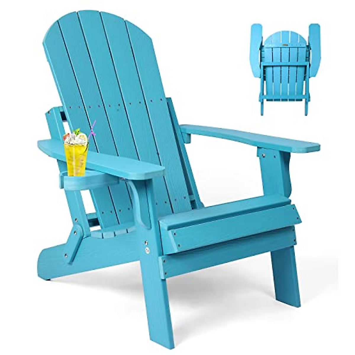 hOmeQomi Folding Adirondack Chair, All Weather Resistant Plastic Chair with Cup Holder, Fold or Unfold Easily in 1 Second, Outdoor Chairs for Patio, Garden, Backyard Deck, Lawn, Fire Pit - Lake Blue