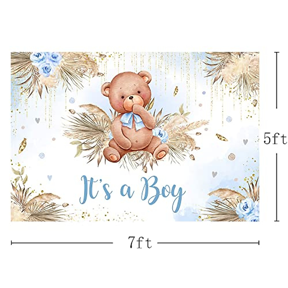 MEHOFOND Boho Bear Baby Shower Backdrop for Boy Baby Shower Party Decorations Bohemian Pampas Gass It's a Boy Baby Shower Photography Background Gold Glitter Dots Decor 7x5ft
