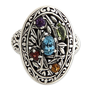 NOVICA Artisan Handmade Blue Topaz Peridot Cocktail Ring Silver Multigem Sterling Amethyst Garnet Citrine Multicolor Indonesia Floral Birthstone [crownbezel 1 in L x 0.7 in W x 0.3 in H Band Width 4 ]