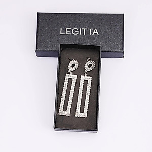 Legitta Rhinestone Long Drop Earrings Silver Cubic Zirconia Sparkly Statement Rectangle Dangle with Circle Studs for Women Wedding Jewelry