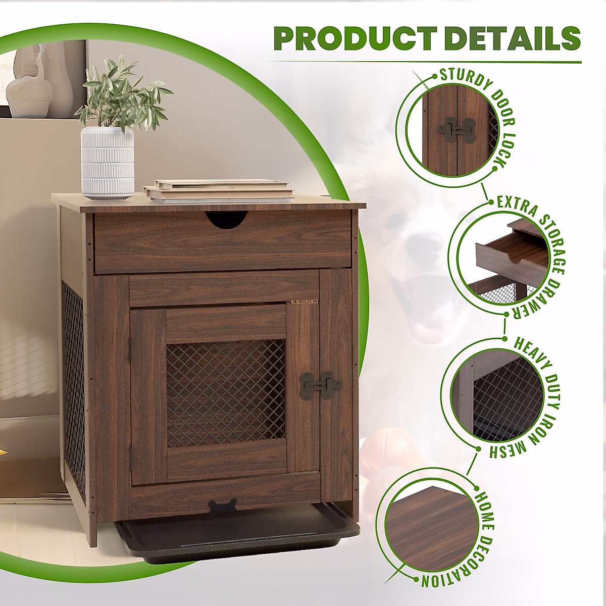 PURRPAXZ Dog Kennel Furniture, Wooden Dog Crate End Table Under 25 lbs, metal mesh Dog Crate Indoor Kennel for with Storage Drawer & Cushion & Tray for bedrooms(Brown)