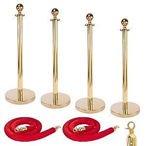 Gold Crowd Control Stanchions, Red Velvet Rope Stanchion Set, Stanchion Posts Queue Pole with 5 ft/1.5 m Red Velvet Rope - Stanchions and Velvet Ropes for Movie Theater (38 Inch, 4Pcs)