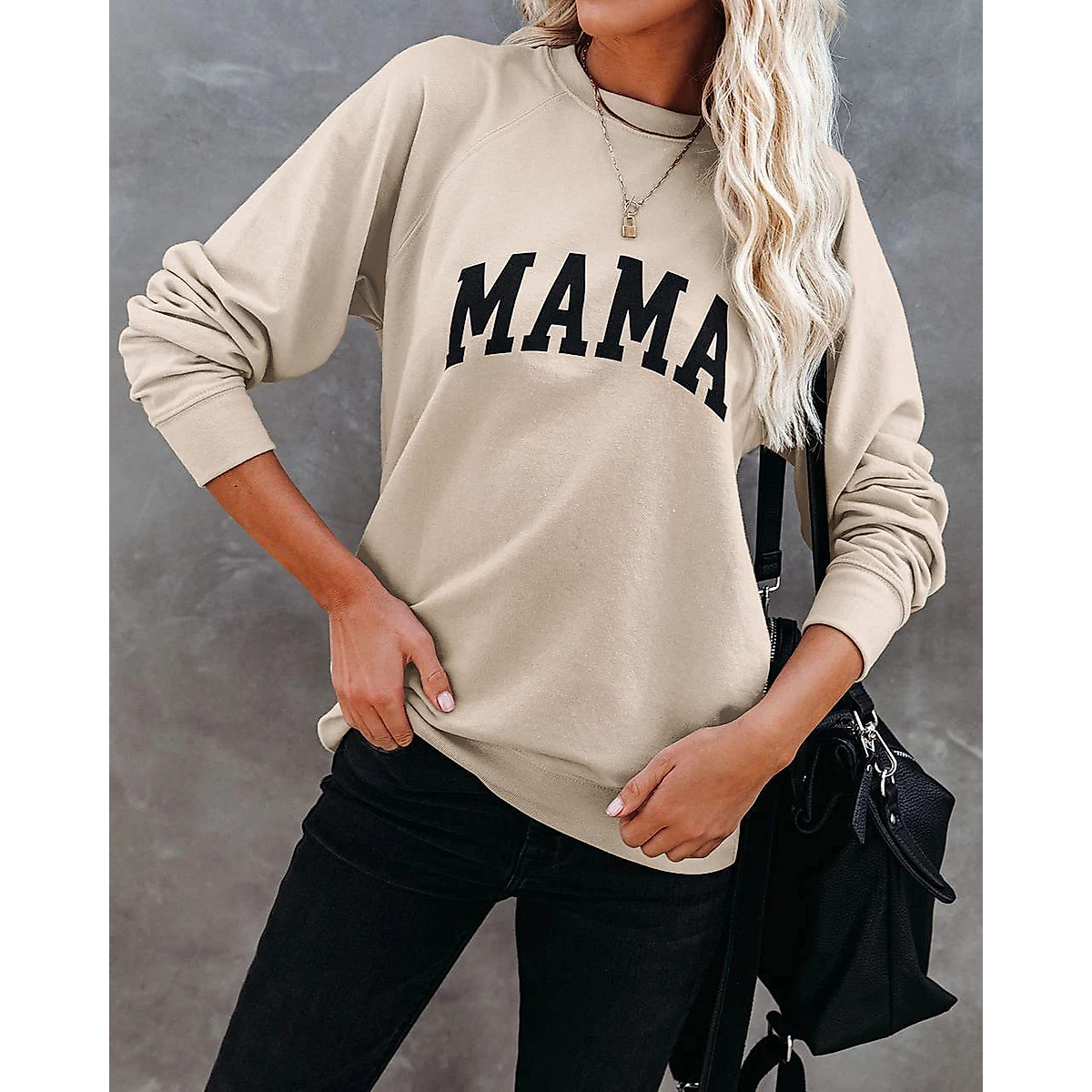 Dressmine Womens Lucky Mama Sweatshirt Cute Long Sleeve Tunic Tops Casual Cotton Crew Neck Shirt Apricot X-Large