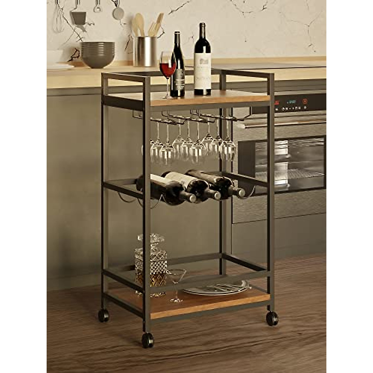 Boss Premium® BarUSA™ LED Bar Cart for Home Mini Portable Wine Bar Coffee Carts Small Mobile Serving Stand Liquor Beverage Drink Tea Alcohol Kitchen Rolling Cart - Designed in USA (Patented)