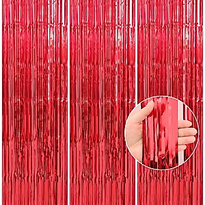 Crosize 2 Pack 3.3 x 9.9 ft Foil Fringe Curtains Party Decorations, Red Tinsel Curtain Backdrop for Parties, Door Streamers, Glitter Streamer Fringe Backdrop for Birthday Decoration (Red)