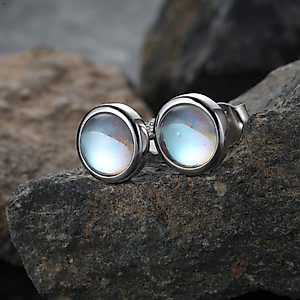Milacolato 925 Sterling Silver Moonstone Stud Earrings 14K Gold Plated Synthetic Round Shape Moonstone Stud Earrings Small Stud Earrings for Women 6MM