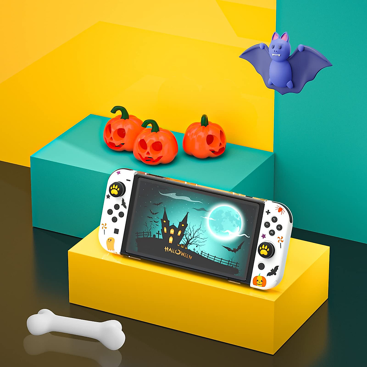 Halloween Decoration Switch OLED Case, Switch OLED Protective Case with TPU Joycon Covers and Glass Screen Protector and Thumb Grip Caps