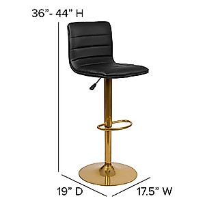 Flash Furniture Vincent Modern Black Vinyl Adjustable Bar Stool with Back, Counter Height Swivel Stool with Gold Pedestal Base, Set of 2