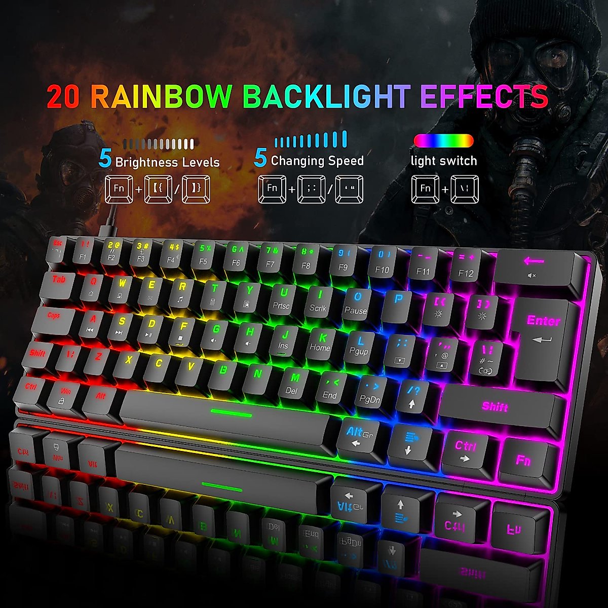 60% True Mechanical Gaming Keyboard Ultra-compact with 20 Rainbow Backlit Type C Wired Programmable 62 Keys Linear Red Switch Waterproof Non-Conflict and Gaming Mouse Pad  for PC/Laptop/PS5（Black)