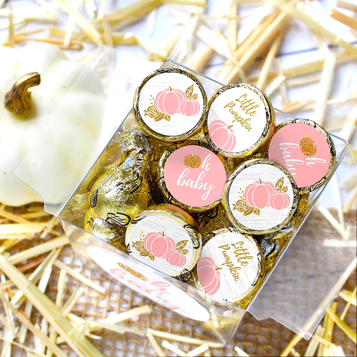 Pink Little Pumpkin Girl Baby Shower Kisses Candy Stickers, Fall Girl Baby Shower Party Favor Stickers - 180 Labels