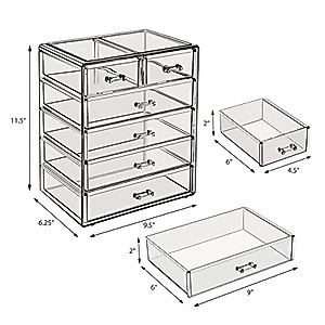Sorbus Acrylic Clear Makeup Organizer - Big & Spacious Cosmetic Display Case - Stylish Designed Jewelry & Make Up Organizers and Storage for Vanity, Bathroom (4 Large, 2 Small Drawers - Black Jewel)