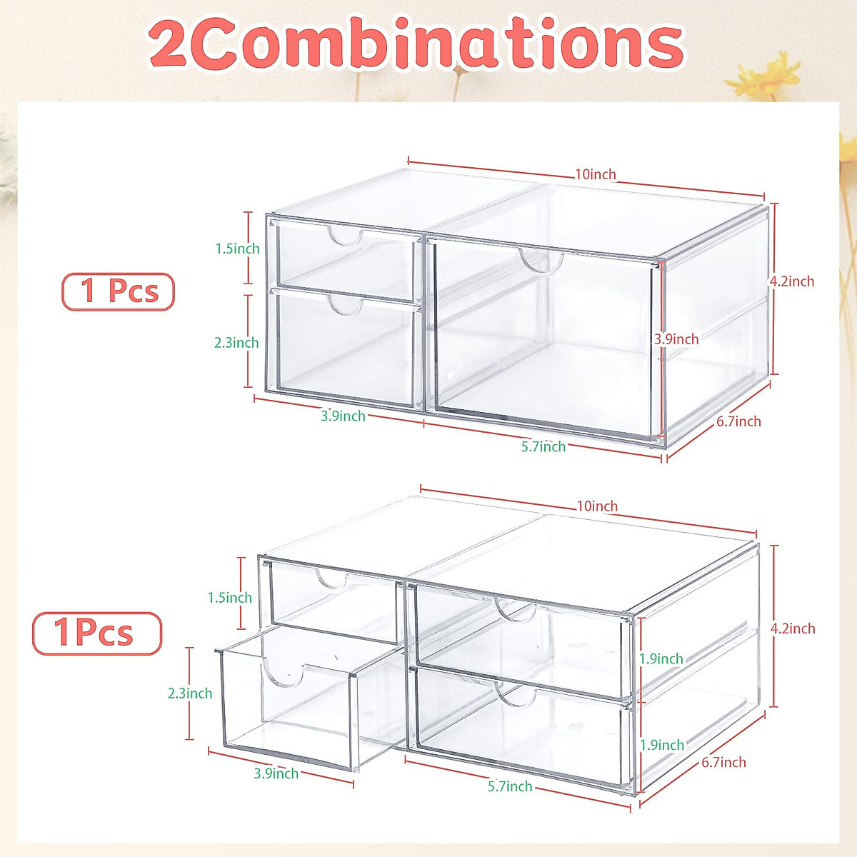 VZKAH Acrylic Organizer and Storage | 7 Drawers 2 Sets | Desk Organizer with Drawers, Clear Makeup Storage Drawers, For Beauty/Office/Craft Supply Storage and Organization