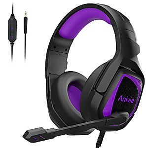Anivia Over Ear Headphones Wired with Surround Sound, Bass, Volume-Control, Soft Memory Earmuffs for Multi-Platforms - 3.5mm Headsets Stereo Gaming Headset with Microphone - Black Purple