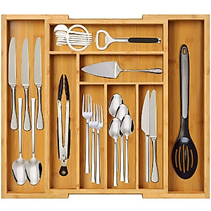 FURNINXS Bamboo Kitchen Drawer Organizer Large Silverware Tray, Expandable Wooden Cutlery Holder for Spoon Fork Flatware Adjustable Utensil Organizer （7-9 Slot）