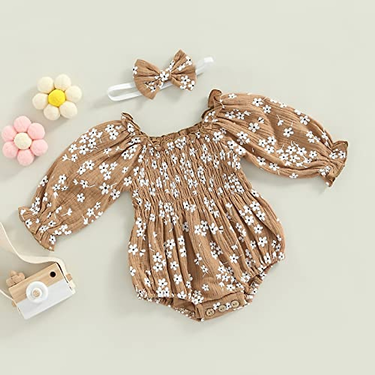 2pcs Infant Baby Girls Romper Headband 0-24M Ruffles Long Sleeve Off Shoulder Flowers Printed Sweet Jumpsuit (Brown, 0-6 Months)