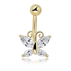 AVORA 10K Yellow Gold Simulated Diamond CZ Dangling Fancy Butterfly Belly Button Ring Body Jewelry (14 Gauge)