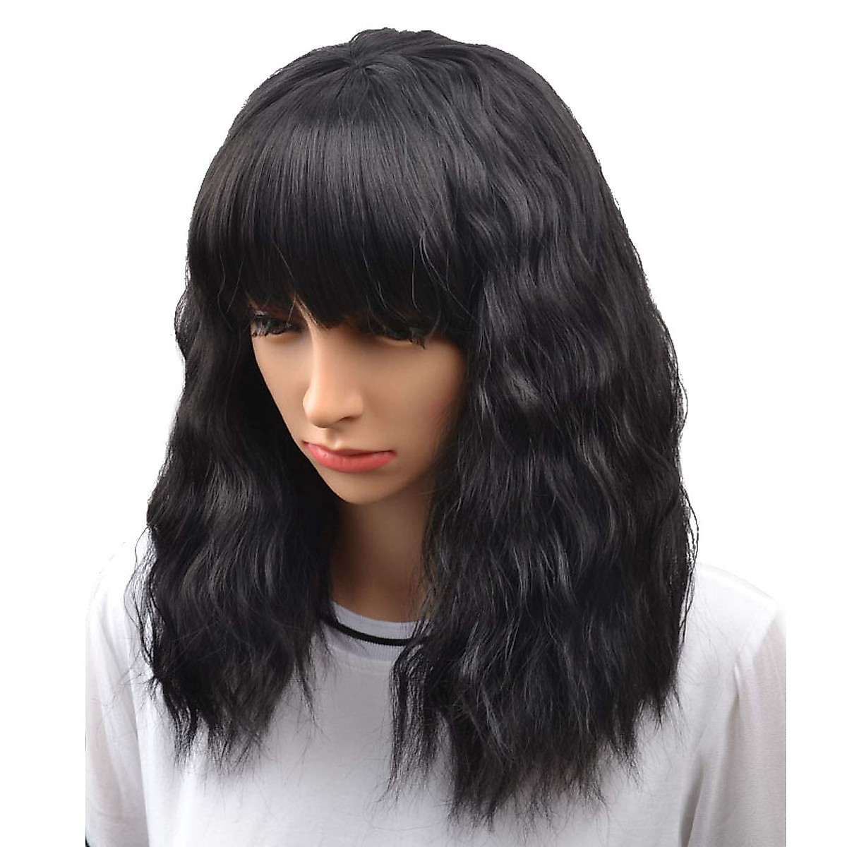 BERON Black Wig for Womens Short Curly Wavy Bob Hair Wigs with Bangs Movie Cosplay Costume Wig Heat Resistant Synthetic Wig Daily Party Use