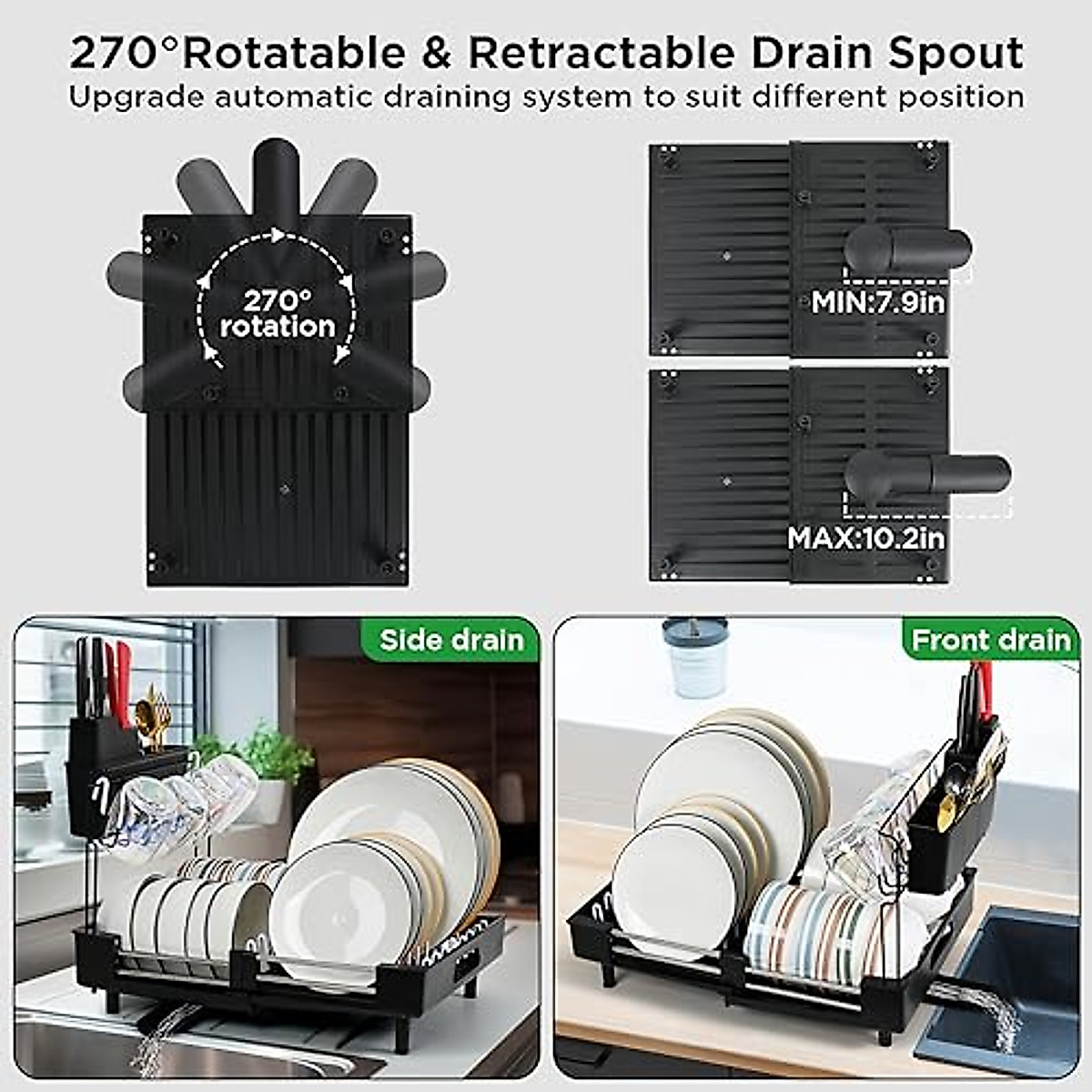 Ollieroo Dish Drying Rack, Rustproof Dish Racks for Kitchen Counter with Removable Utensil Holder,Knife Slots and Cups Holder,Large Capacity Drying Rack for Storage Plates Bowls Cups Utensil(Black)