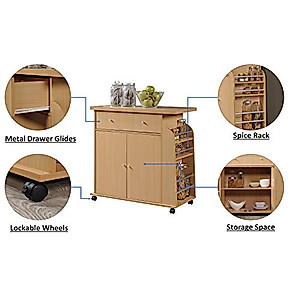 Hodedah Import Kitchen Island with Spice Rack and Towel Rack, Beech