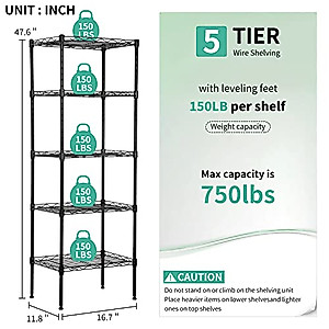 XXkseh 5 Tier Storage Shelves Wire Shelving Unit Adjustable Metal Shelf Heavy Duty Garage Storage Rack Wire Shelves Display Rack for Laundry Livingroom Kitchen, 16.7" L×11.8" W×47.6" H, Black