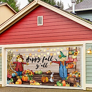 13 x 6ft Fall Garage Door Decorations Banner Extra Large Happy Fall Backdrop Fall Decorations with White Rope Autumn Pumpkin Scarecrow Wall Banner Fall Hanging for Fall Thanksgiving Party