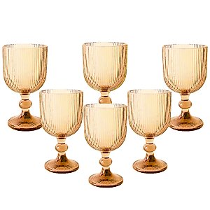 Vintage Wine Glasses Set of 6, 11 Ounces Colored Glass Water Goblets, Colorful Unique Embossed Pattern High Clear Stemmed Glassware Wedding Party Bar Glass Drinking Cups Vertical Line Gold Amber