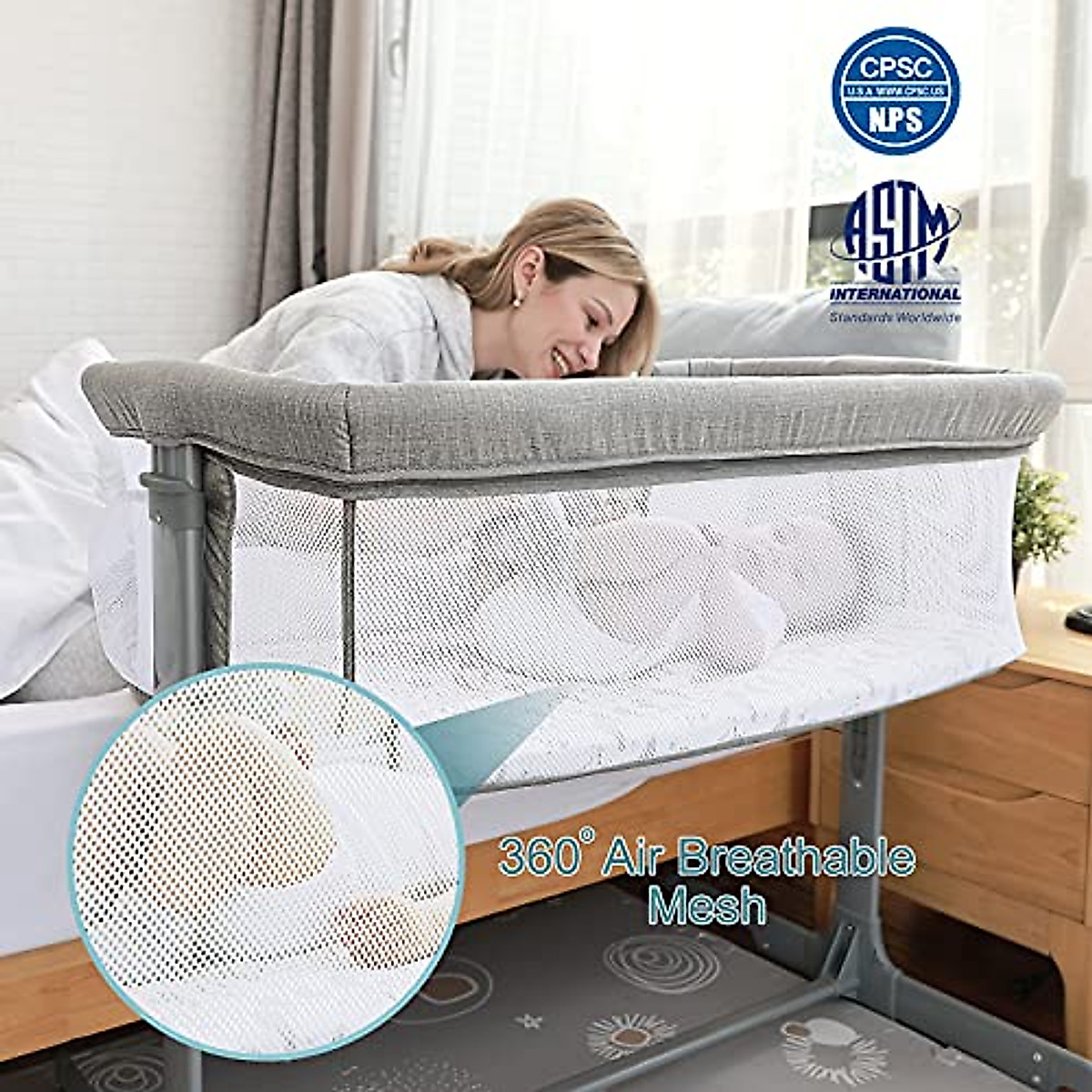 TCBunny 2-in-1 Baby Bassinet & Bedside Sleeper, Adjustable Portable Crib Bed for Infant/Newborn Baby, Grey (Mosquito Net Not Included)
