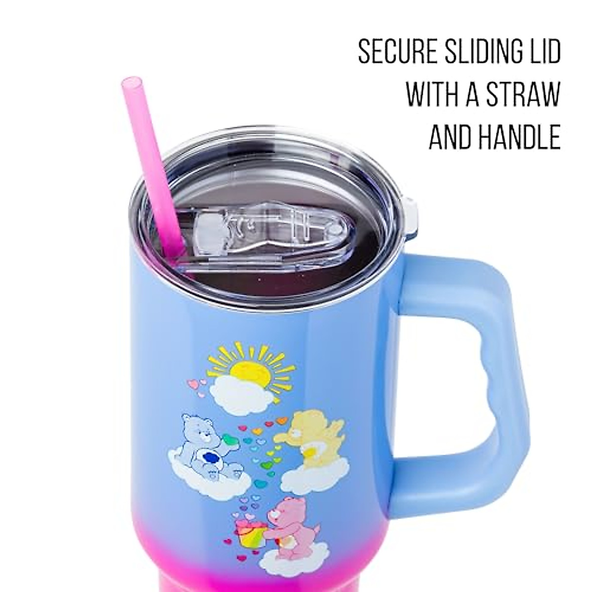 Silver Buffalo Care Bears Featuring Grumpy Bear, Funshine Bear, and Love-A-Lot Bear Heart Showers Ombre Stainless Steel Tumbler with Handle and Straw, Fits in Standard Cup Holder, 40 Ounces