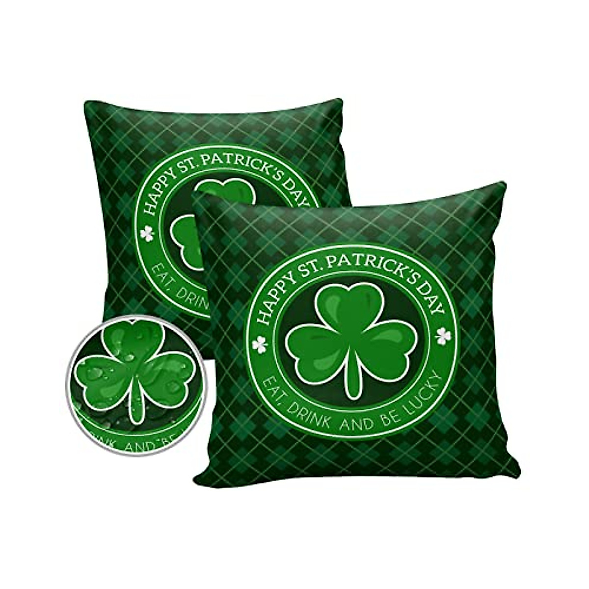 Outdoor Pillow Covers Waterproof, Round Green Lucky Clover Throw Pillowcase Decorative Cover, Saint Patrick Checker Backdrop Garden Cushion Case Set of 2 for Sofa, Couch, Tent, Patio 18"x18"