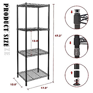 YisanCrafts 4 Tier Fixed Layer Spacing Storage Shelf Metal Storage Rack Wire Shelving Unit Storage Shelves Metal 528Lbs Capacity 17" L x 13" W x 47" H for Pantry Closet Kitchen Laundry Black
