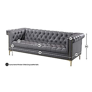 Iconic Home Winston Nail Head Tone Legs PU Leather Modern Contemporary Button Tufted with Gold Nailhead Trim Goldtone Metal Y-Shaped Feet Sofa, Grey