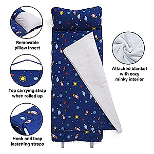 Delta Children Nap Mat with Included Pillow and Blanket for Toddlers and Kids; Features Carry Handle with Strap Closure and Name Tag; Rollup Design is Ideal for Preschool and Daycare, Space