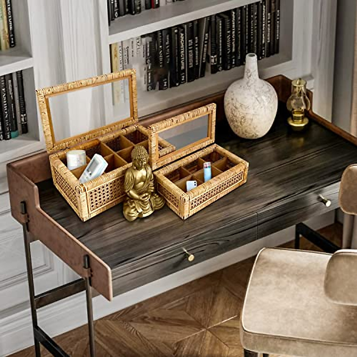 OTOKOHM Rattan Decorative Box With Lid & Removable Divider - Decorative Boxes For Home Decor - Boho Decor Display Box - Decorative Storage Boxes With Lids - Rattan Box With Lid Set of 2