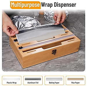 Allinside Magnetic Plastic Wrap Dispenser with Cutter, 3 in 1 Refrigerator Bamboo Wood Organizer for Tin Foil, Baking Paper, Wax Paper Holder Kitchen Storage Box Compatible with 12.9" Roll (3 Tier)
