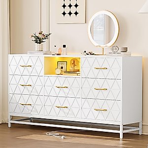 Patikuin 8 Deep Drawer White Dresser for Bedroom with Charging Station and LED Lights, 59" TV Dresser Wooden Large Long Dresser, Modern Chest of Drawers Storage Organizer for Closet, Living Room