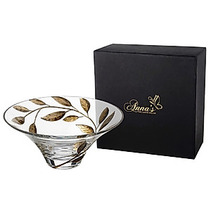 Decorative Glass Bowl Fruit Display - Etched, Hand Painted Leaves Decor - Mouth Blown Clear Glass - Large Salad Serving Bowl - Gift Boxed - D: 10.2 in (26 cm) (Gold)