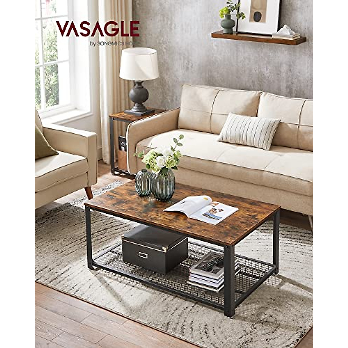 VASAGLE Dining Table Set, Bar Table and Chairs Set, Kitchen Bar Height Table Black ULBT218B01 & Coffee Table for Living Room, 2-Tier Cocktail Table, Center Table Black ULCT61X