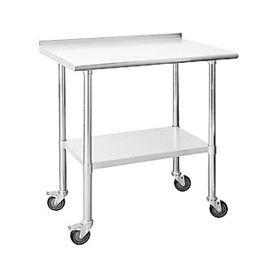 Chingoo Stainless Steel Table with Wheels 24 x 36 Inches Metal Prep Table with Backsplash & Adjustable Undershelf, Stainless Table for Commercial Kitchen, Outdoor, Restaurant, Hotel & Garage