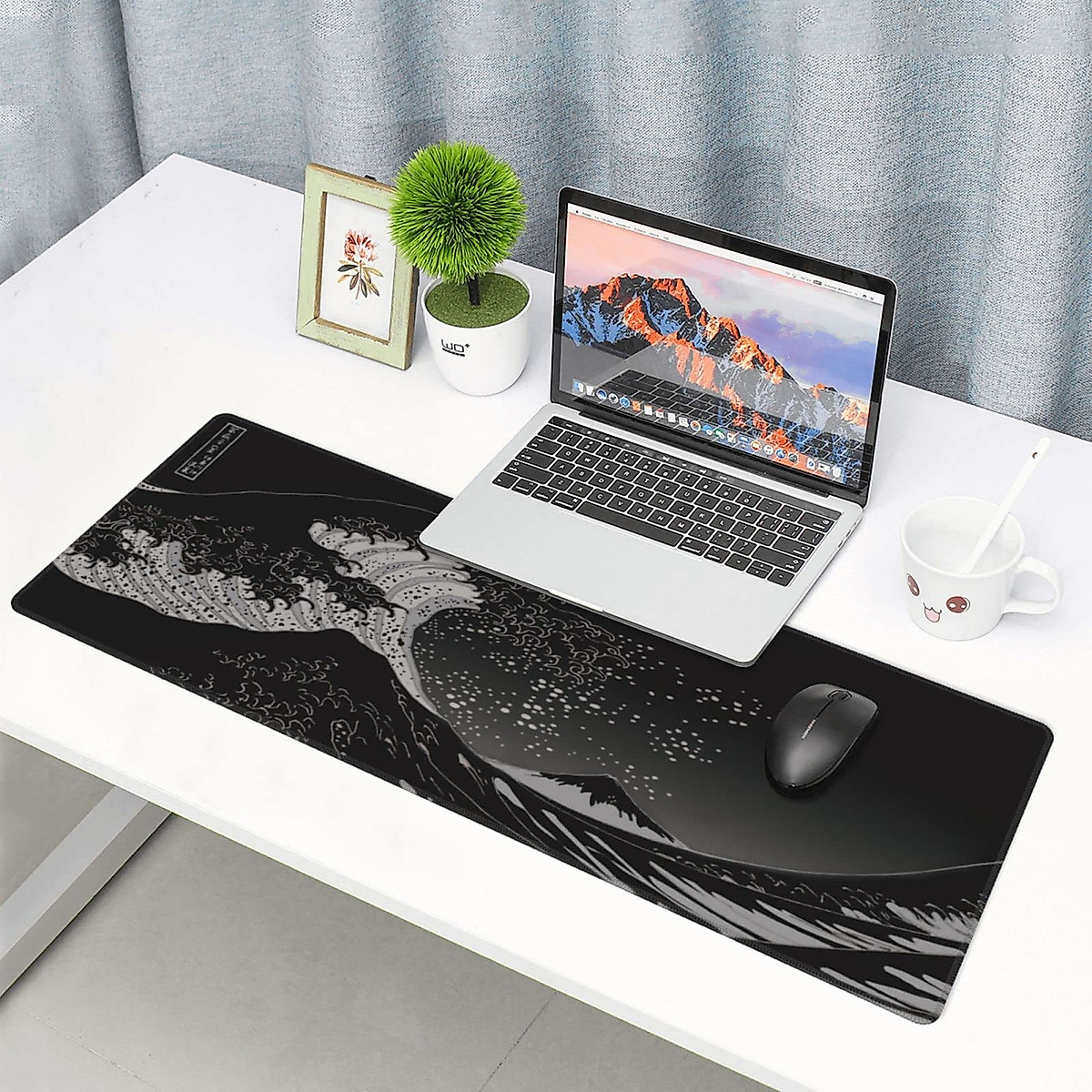 Japanese Sea Wave Large Mouse Pad Extended The Great Wave Gaming Mouse Pad Kanagawa Mousepad with Stitched Edges Keyboard Mouse Mat 3mm for Home Office 31.5 x 11.8 Inch, Black