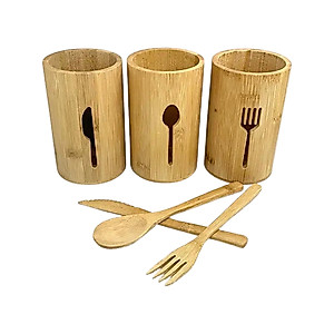 Better World Bio Bamboo Utensil Holders (Bundle of Three) with Flatware Design, Wooden Kitchen Utensil Holder For Countertop, Kitchen Utensil Caddy, Silverware Organizer, 6"x4"x4"