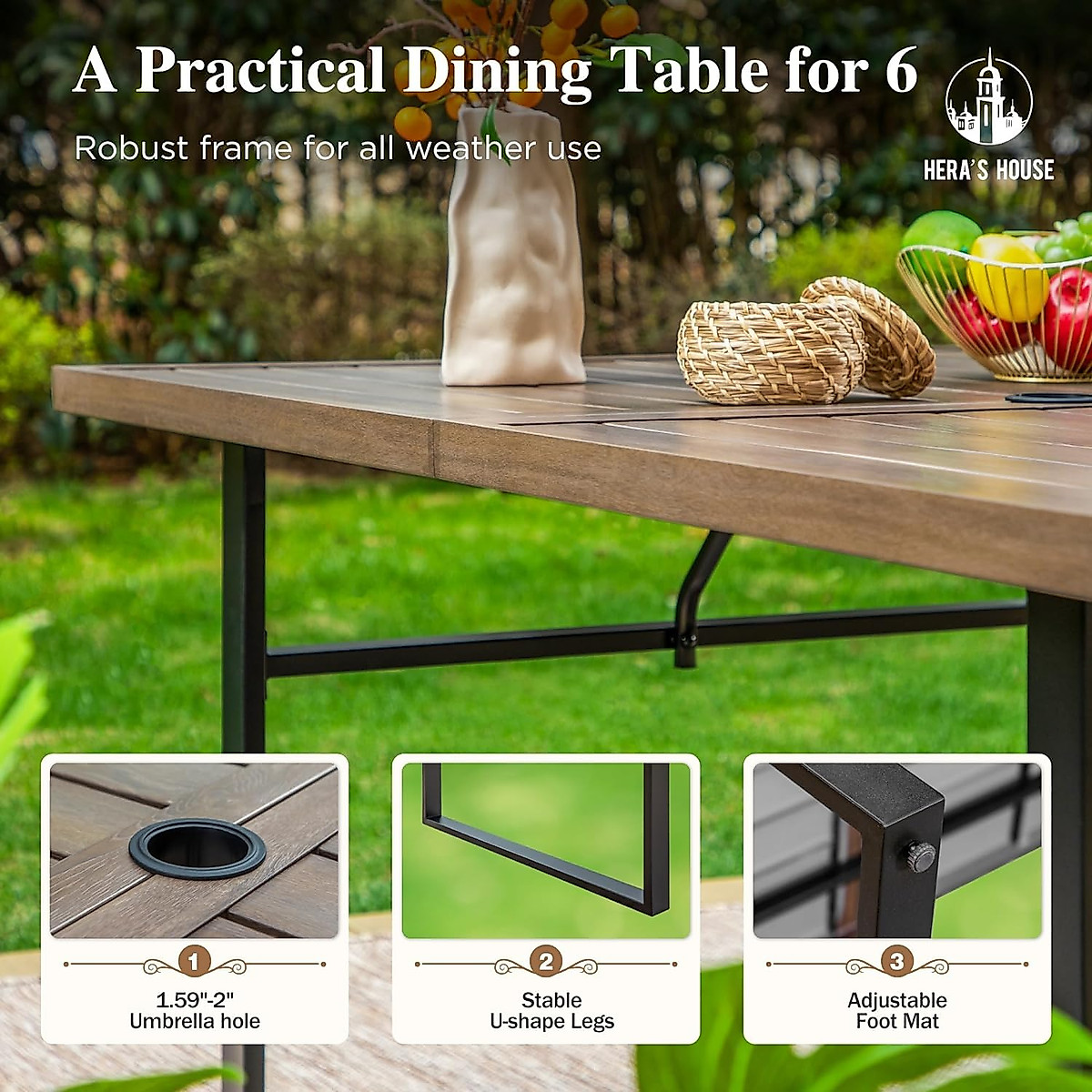 HERA'S HOUSE 7 Pieces Patio Dining Set, Table and Chairs Set for 6, 6 x Stackable Metal Chair, 1 x 64 Outdoor Metal Dining Table for Patio Lawn Garden Porch Deck