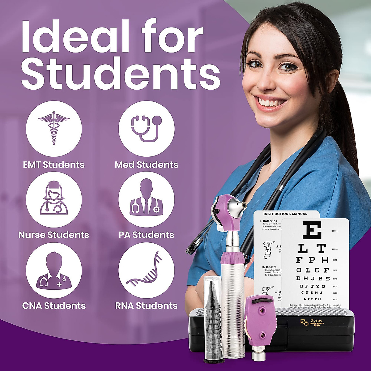 Zyrev Otoscope Oph Multi-Function Set - Otoscope/Opthalmoscope for Ear & Eye Examination - with Portable Carry Case, Sight Chart, Replacement Tips (Purple)