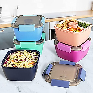 Caperci Salad Container for Lunch To Go - 2-Pack 52 oz Salad Bowls Bento Lunch Box Container with 4-Compartment Tray, 2-oz Sauce Container, Reusable Spork & BPA-Free (Navy & Navy)