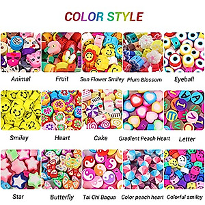 JOICEE 300PCS Fruit Smiley Handmade Polymer Clay Beads 15 Styles Flower Letter Beads Soft Beads for Women Girls Jewelry Making DIY Bracelet Necklace Earring Accessories with 4m Crystal Elastic String.