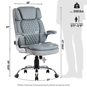HOMYEDAMIC High Back Office Chair with Adjustable Arms, PU Leather Computer Executive Chairs Big Tall Swivel Ergonomic Adjustable Tilt Angle, Thick Seat 7012-Grey
