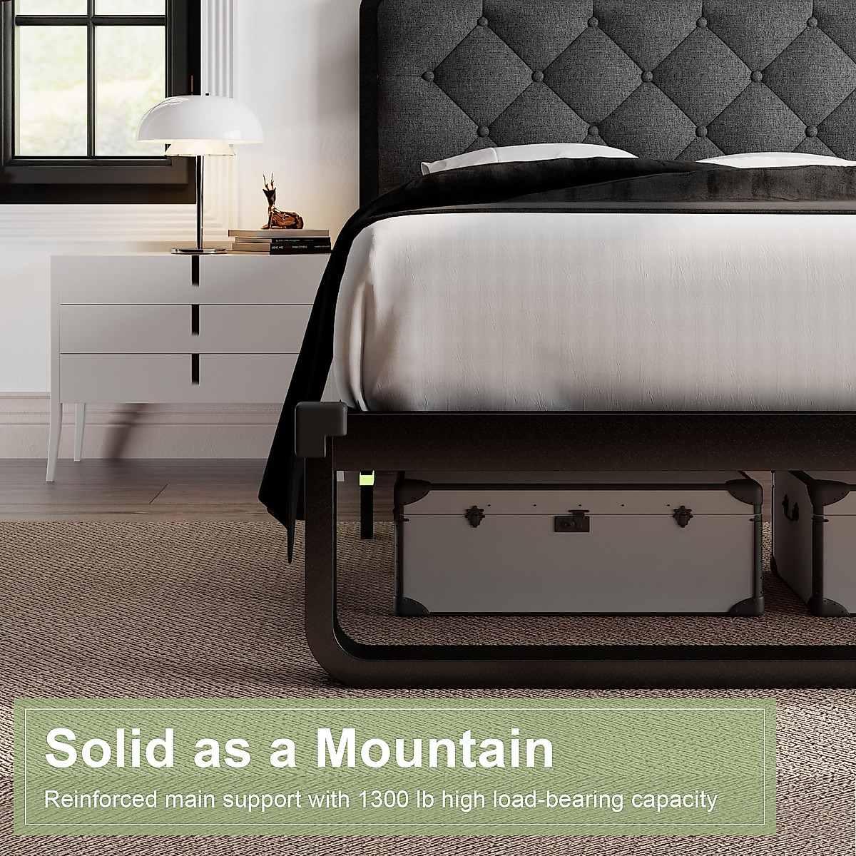 Feonase Twin Size Bed Frame, Upholstered Platform Bed Frame with Heavy-Duty Metal Steel Slats, Diamond Linen Headboard, 12" Storage Space, No Box Spring Needed, Noise Free, Easy Assembly, Dark Gray