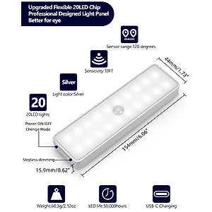 Under Cabinet Lighting 20 LED Closet Lights Motion Sensored,Wireless Under Counter Lights for Kitchen,USB Rechargeable Under-Counter Light Fixtures Magnetic Light Bar 880mAh 6Inch 9000K(4Pack)