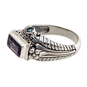 NOVICA Artisan Handmade Amethyst Blue Topaz Cocktail Ring Sterling Silver Purple Indonesia Birthstone [crownbezel 0.8 in L x 0.3 in W x 0.3 in H Band Width 4 mm W] ' Sea Temple'